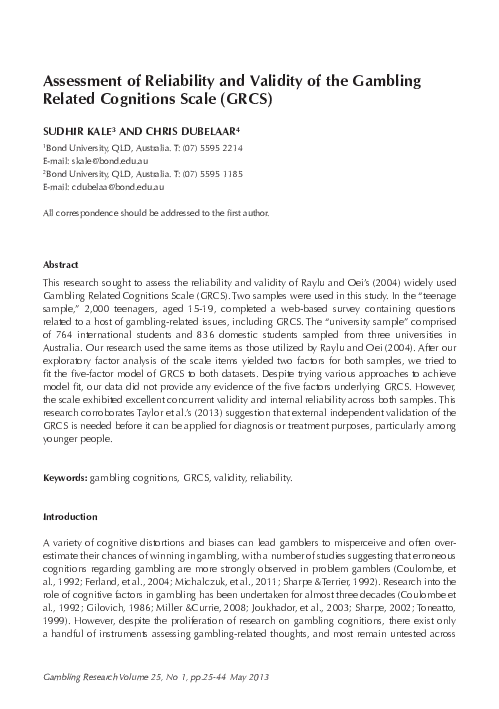 (PDF) Assessment of reliability and validity of the Gambling Related ...