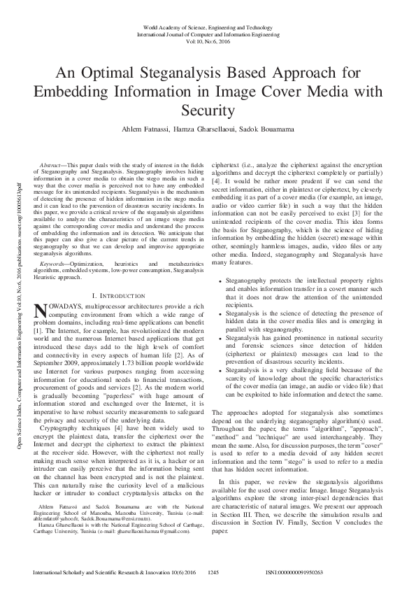 Pdf An Optimal Steganalysis Based Approach For Embedding Information