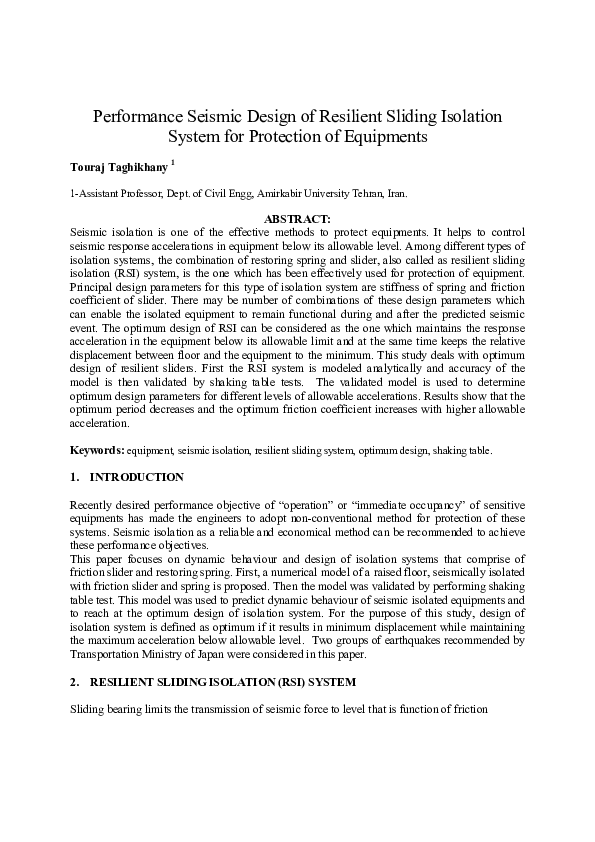 (PDF) Performance Seismic Design of Resilient Sliding Isolation System ...