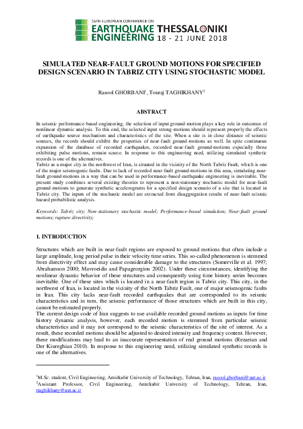 (PDF) Simulated Near-Fault Ground Motions for Specified Design Scenario in Tabriz City Using ...
