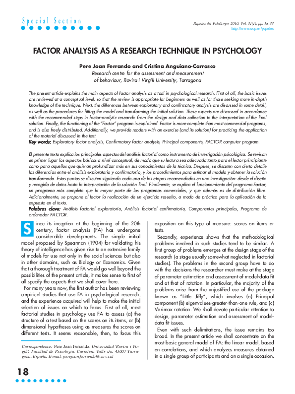 (PDF) Factor Analysis as a Research Technique in Psychology