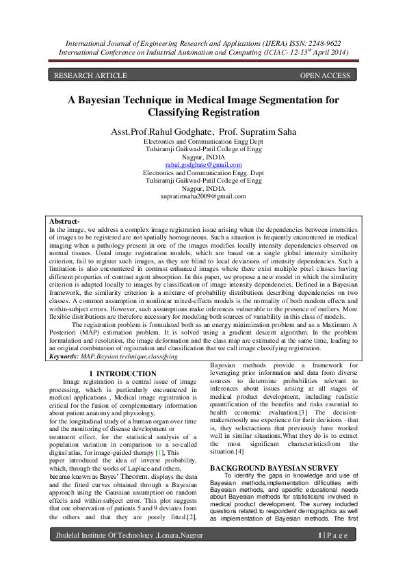 Pdf A Bayesian Technique In Medical Image Segmentation For Classifying Registration