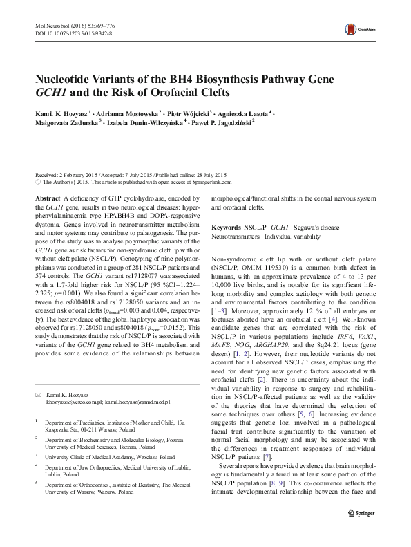 (PDF) Nucleotide Variants of the BH4 Biosynthesis Pathway Gene GCH1 and ...