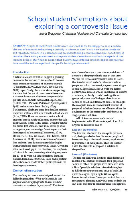 (PDF) School students' emotions about exploring a controversial issue