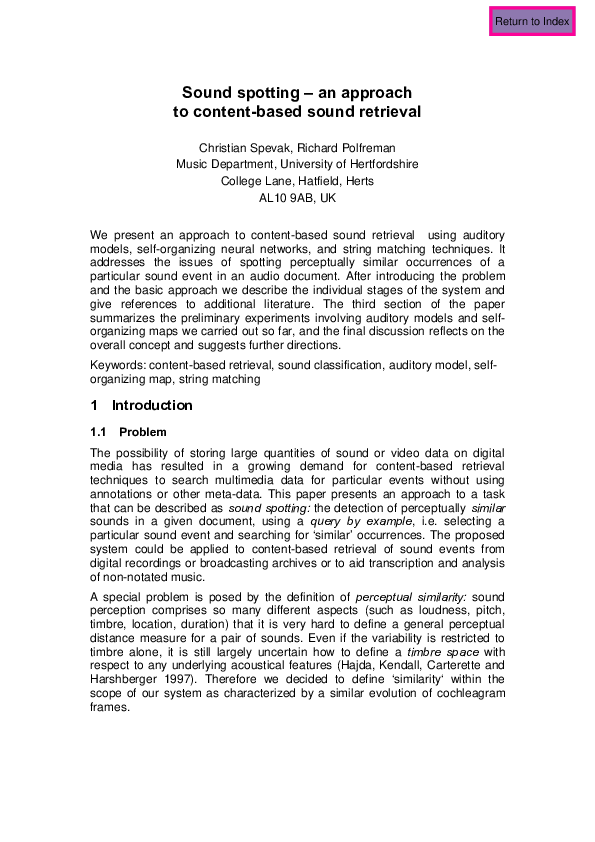 (PDF) Sound spotting: an approach to content-based sound retrieval