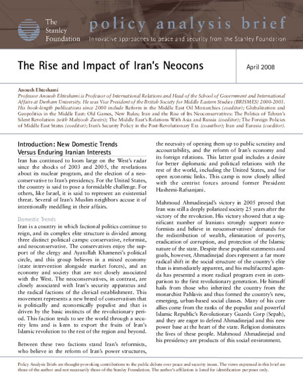(PDF) The Rise and Impact of Iran ’ s Neocons April 2008