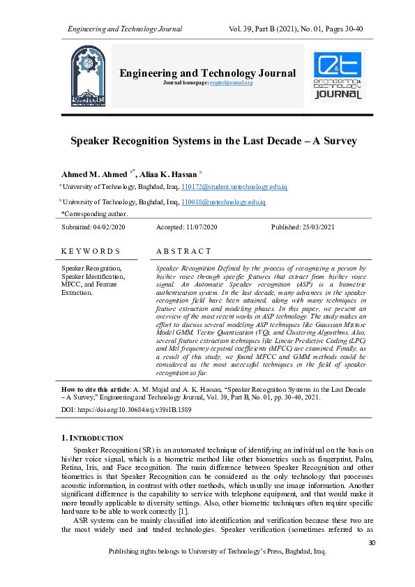 (PDF) Speaker Recognition Systems in the Last Decade – A Survey