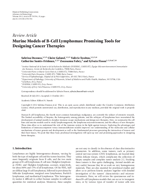 (PDF) Murine Models of B-Cell Lymphomas: Promising Tools for Designing ...