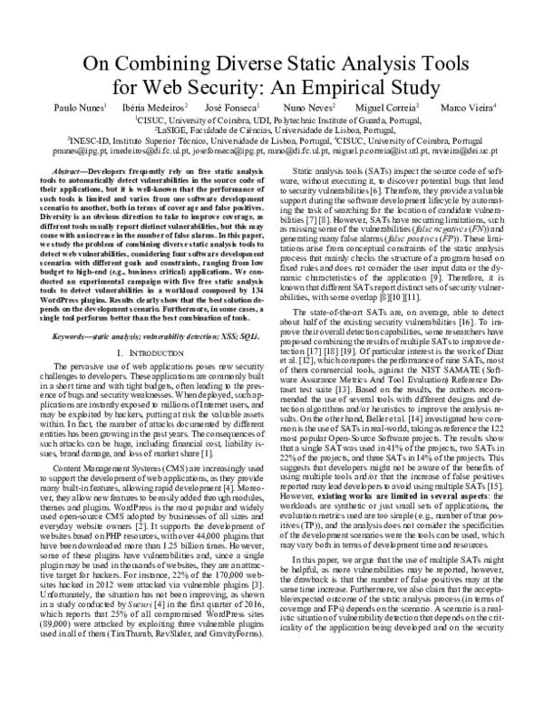 (PDF) On Combining Diverse Static Analysis Tools for Web Security: An ...