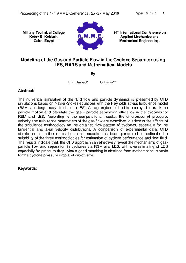 (PDF) Modeling of the Gas and Particle Flow in the Cyclone Separator using LES, RANS and ...