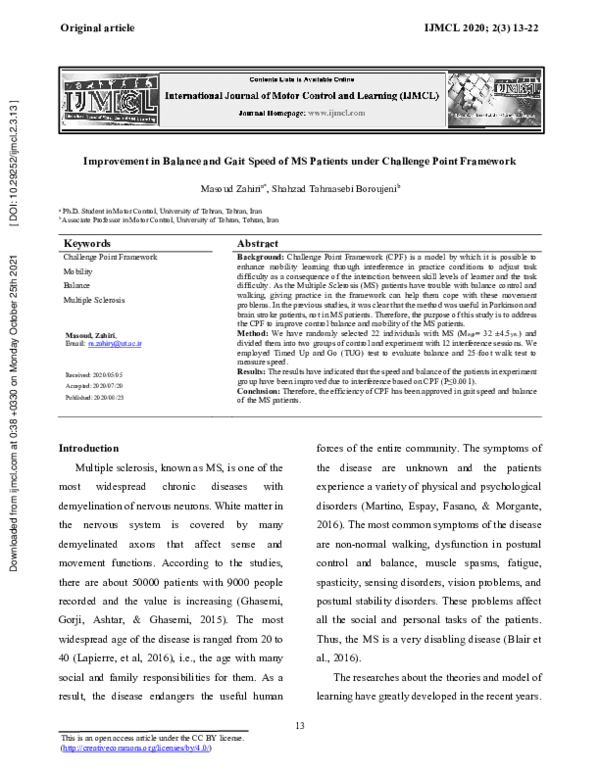 Improvement in Balance and Gait Speed of MS Patients under Challenge ...
