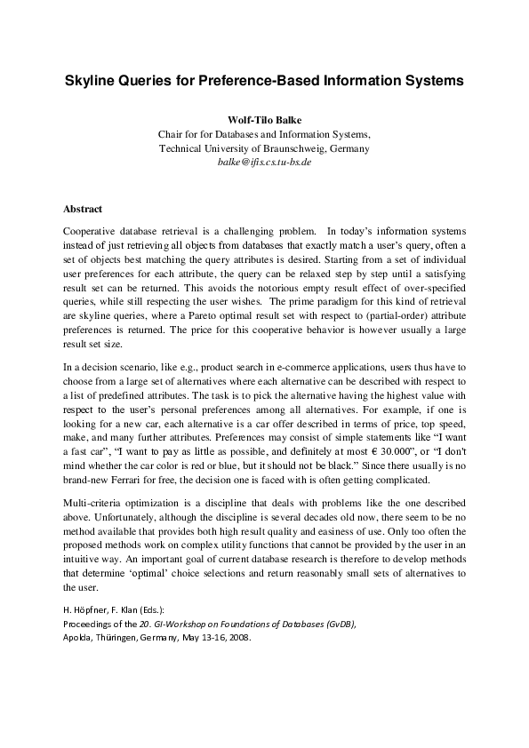Pdf Skyline Queries For Preference Based Information Systems 