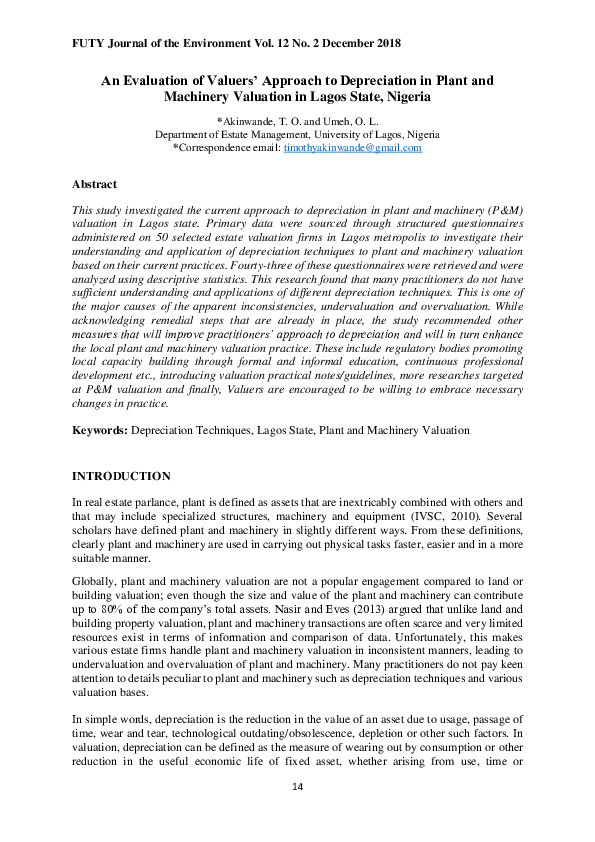 (PDF) An evaluation of valuers’ approach to depreciation in plant and ...