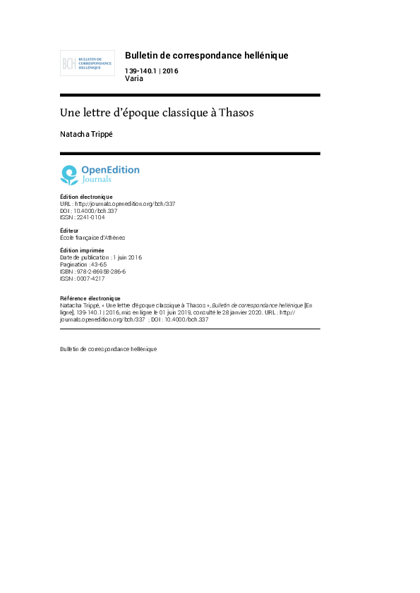 (PDF) Une lettre d’époque classique à Thasos
