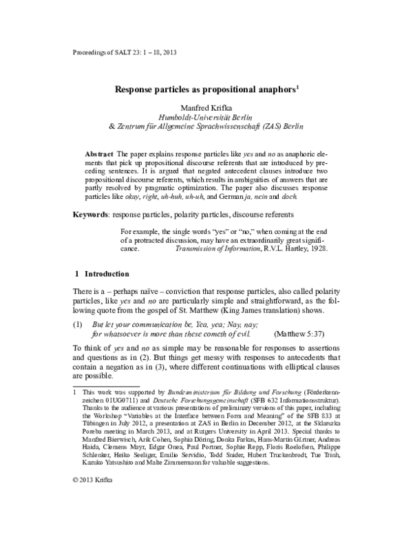 (PDF) Response particles as propositional anaphors