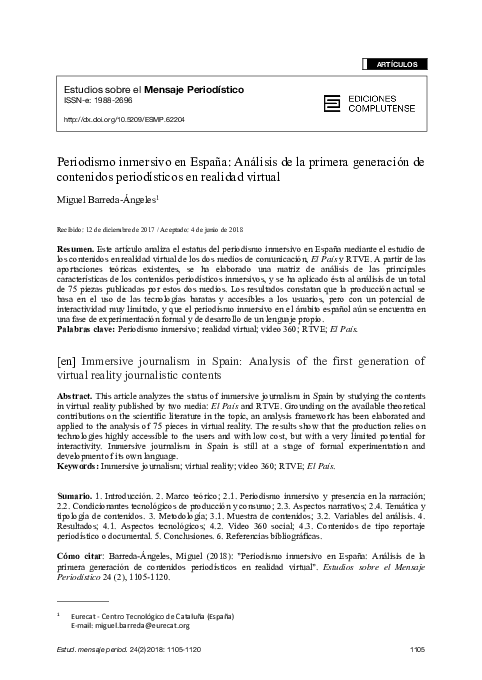 (PDF) Periodismo inmersivo en España: Análisis de la primera generación ...