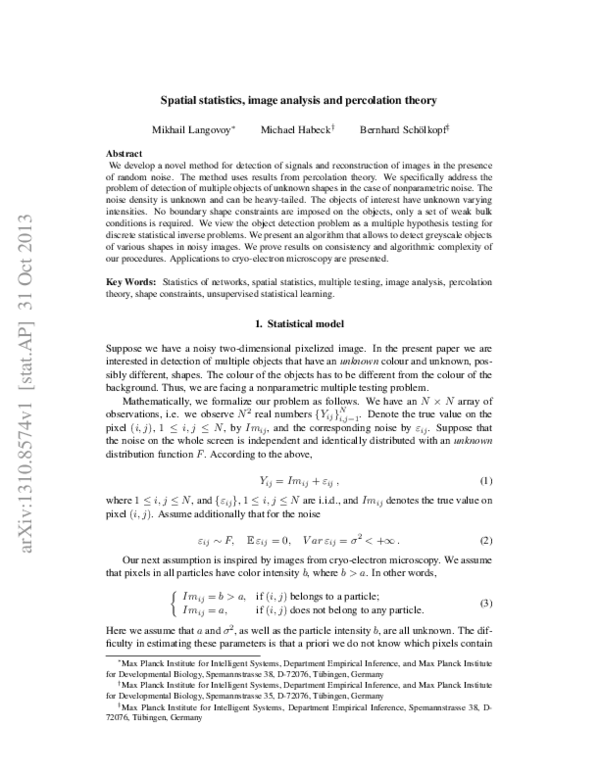 (PDF) Spatial statistics, image analysis and percolation theory