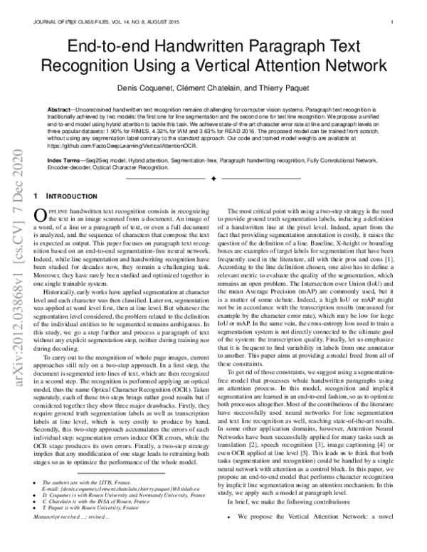 (PDF) End-to-end Handwritten Paragraph Text Recognition Using a ...