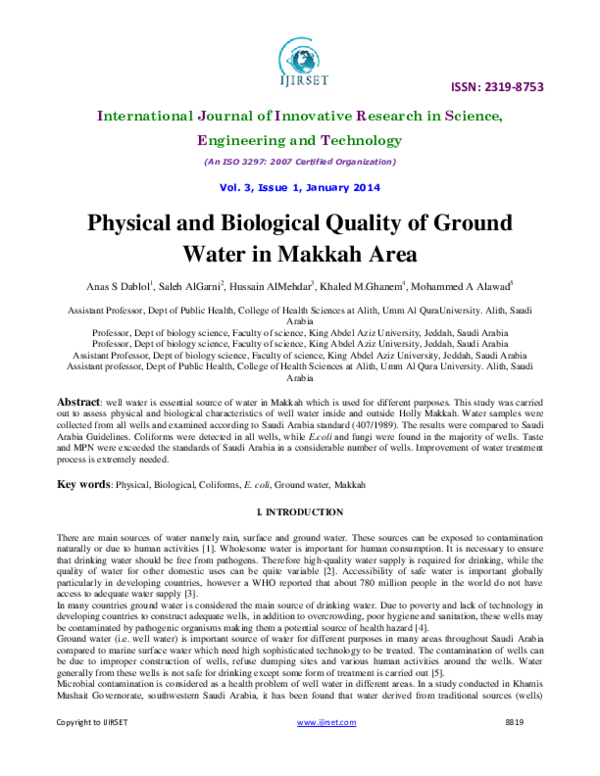 (PDF) Physical and Biological Quality of Ground Water in Makkah Area