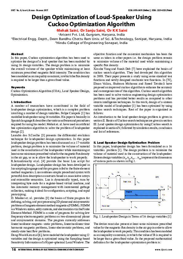 (PDF) Design Optimization of Loud-Speaker Using Cuckoo Optimization ...