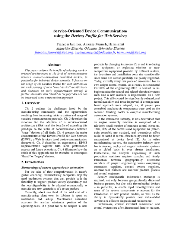 (PDF) Service-oriented device communications using the Devices Profile for Web Services,” in 3rd ...