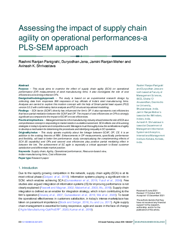 (PDF) Assessing the impact of supply chain agility on operational performances-a PLS-SEM approach