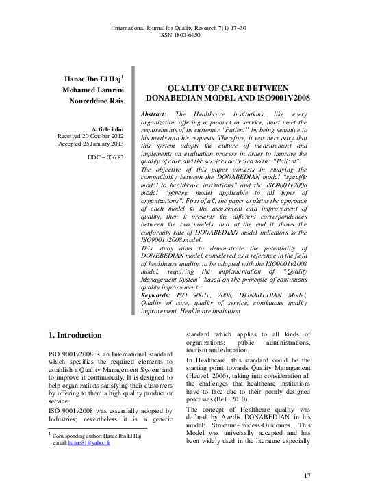 (PDF) Quality of Care Between Donabedian Model and ISO9001V2008