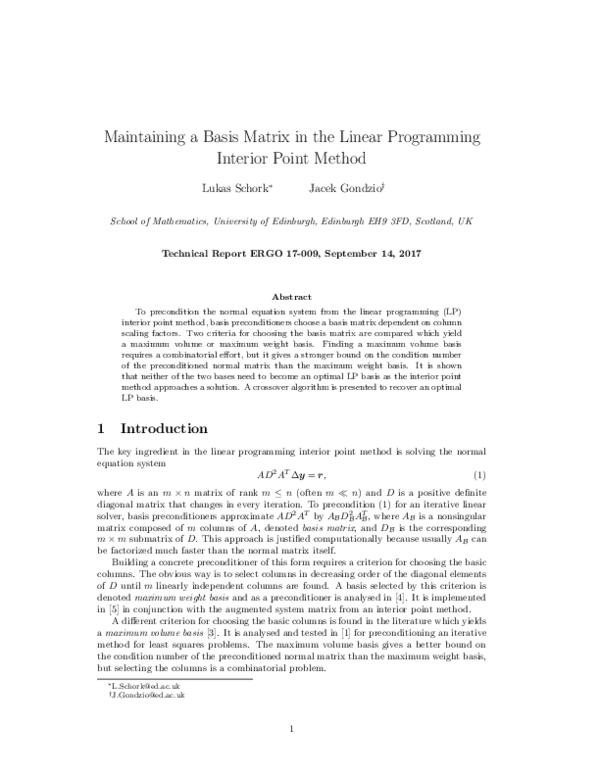 (PDF) Maintaining a Basis Matrix in the Linear Programming Interior Point Method