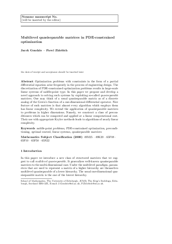 (PDF) Multilevel quasiseparable matrices in PDE-constrained optimization