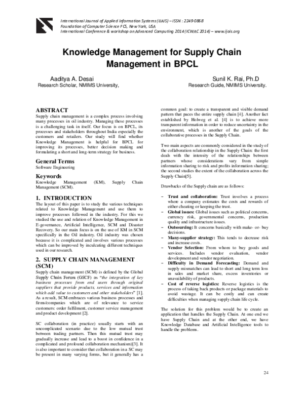(PDF) Knowledge Management for Supply Chain Management in BPCL