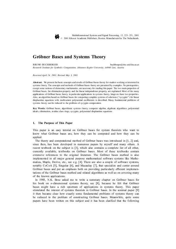 (PDF) Gröbner Bases and Systems Theory
