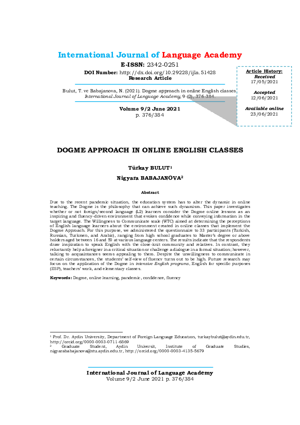 (PDF) DOGME APPROACH IN ONLINE ENGLISH CLASSES