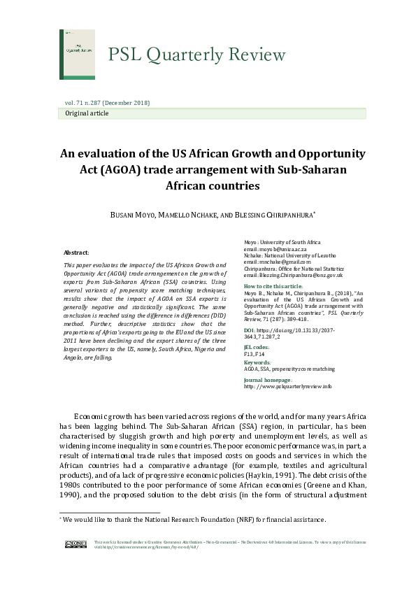 (PDF) An evaluation of the US African Growth and Opportunity Act (AGOA ...