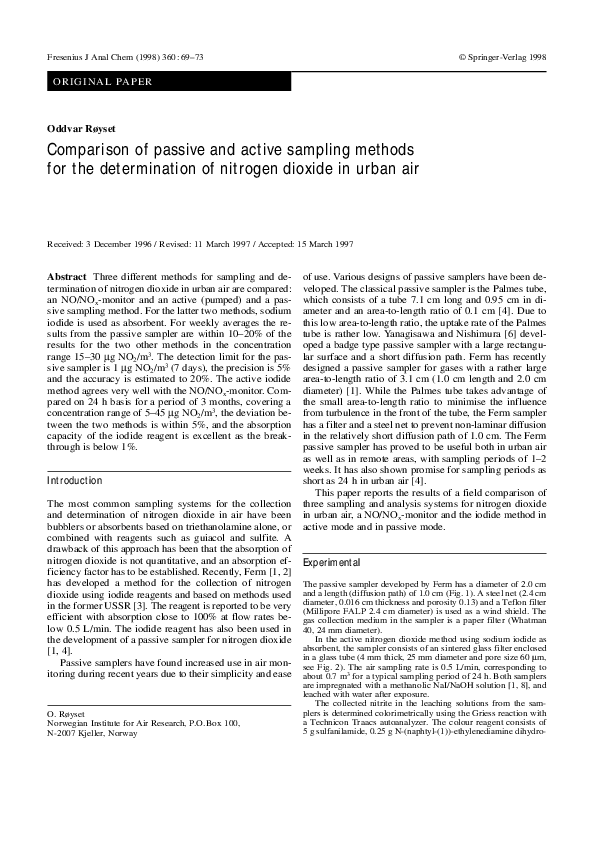 Pdf Comparison Of Passive And Active Sampling Methods For The Determination Of Nitrogen
