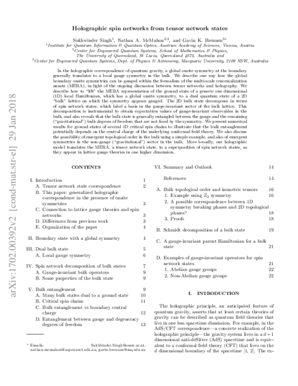(PDF) Holographic spin networks from tensor network states