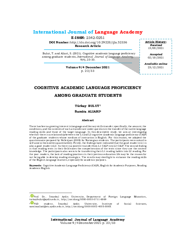 (PDF) COGNITIVE ACADEMIC LANGUAGE PROFICIENCY AMONG GRADUATE STUDENTS