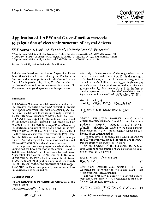 Pdf Application Of Lapw And Green Function Methods To Calculation Of Electronic Structure Of