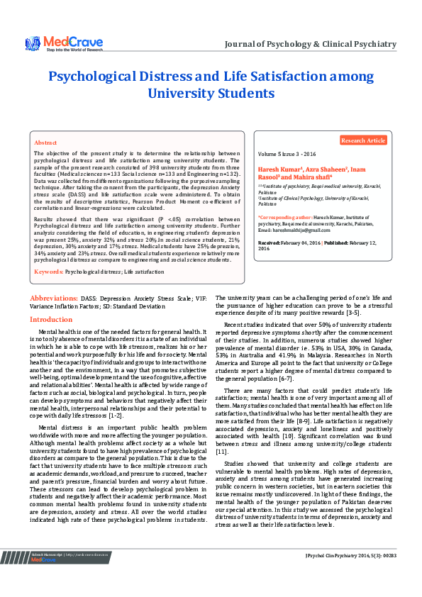 (PDF) Psychological Distress and Life Satisfaction among University Students