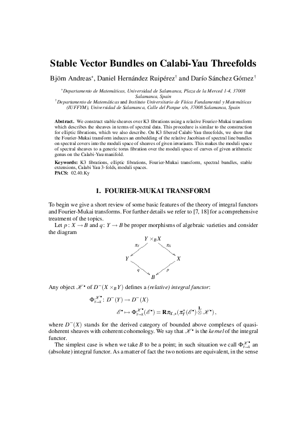 (PDF) Stable Vector Bundles on Calabi-Yau Threefolds