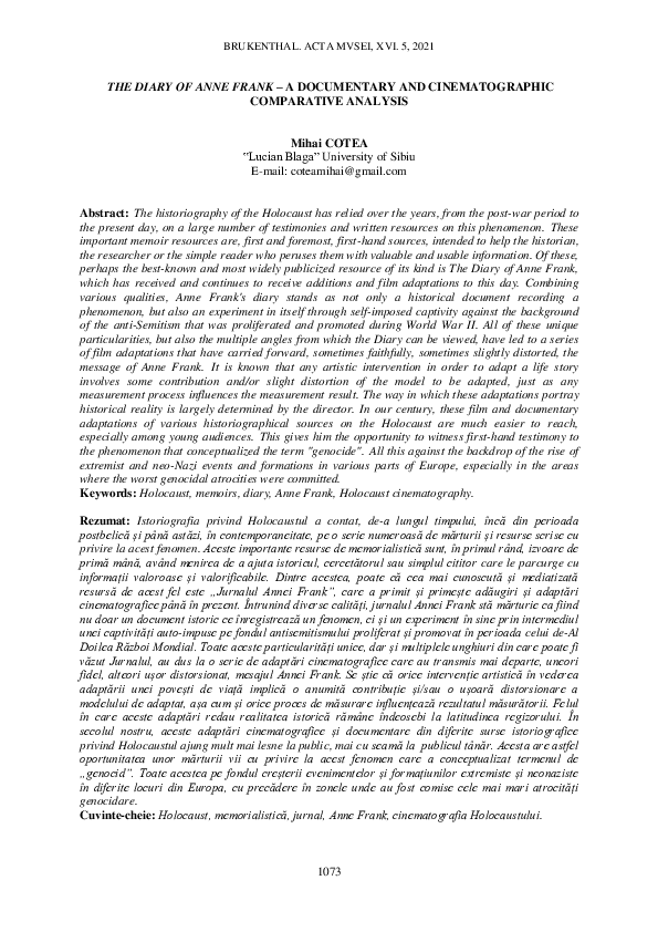 (PDF) THE DIARY OF ANNE FRANK -A DOCUMENTARY AND CINEMATOGRAPHIC ...