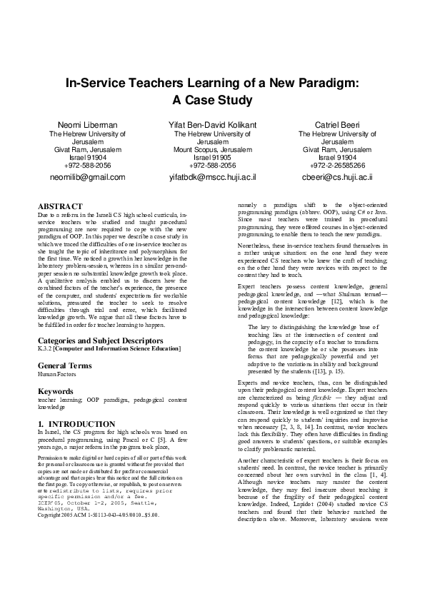 (PDF) In-Service Teachers Learning of a New Paradigm: a Case Study