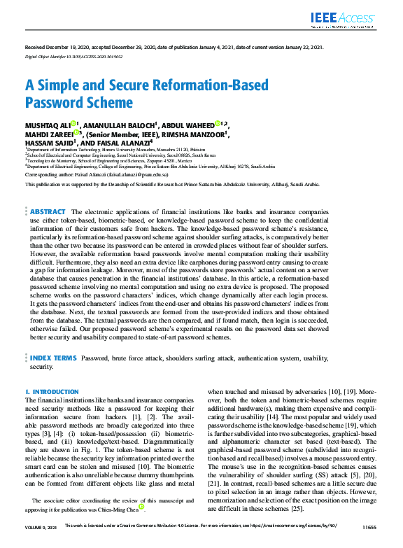 (PDF) A Simple and Secure Reformation-Based Password Scheme