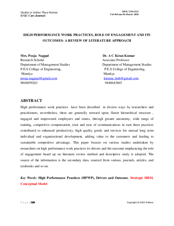 (PDF) High Performance Work Practices, Role of Engagement and Its Outcomes- a Review of ...