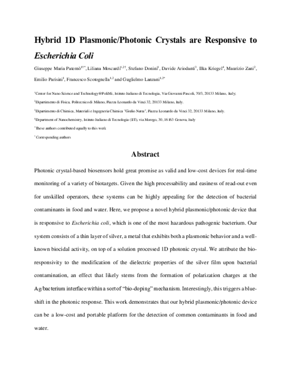 (PDF) Hybrid 1D Plasmonic/Photonic Crystals are Responsive to Escherichia Coli