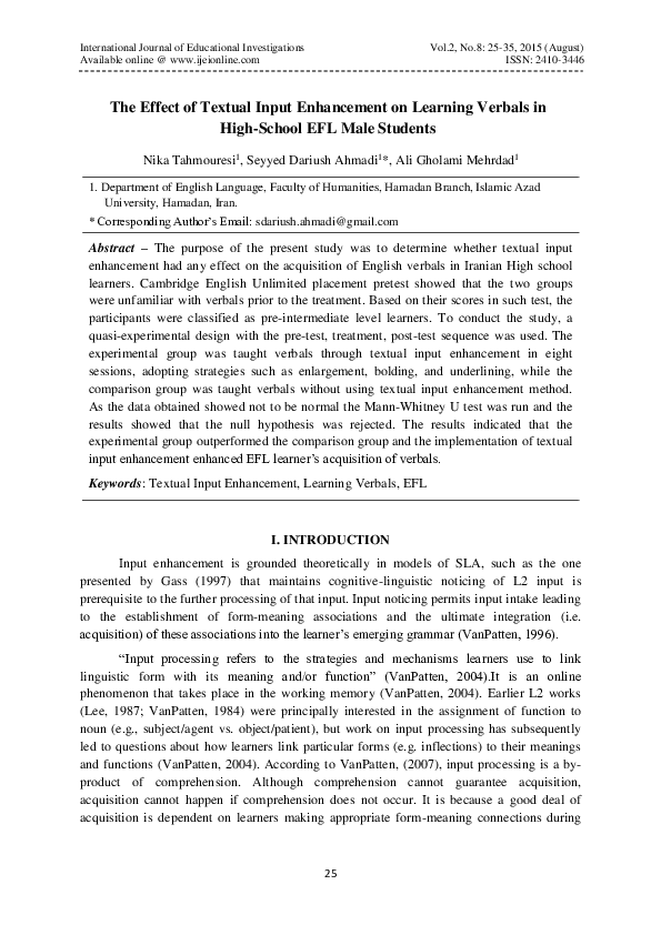 Pdf The Effect Of Textual Input Enhancement On Learning Verbals In