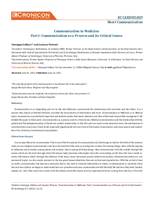 (PDF) Communication in medicine. Part I: Communication as a process and ...