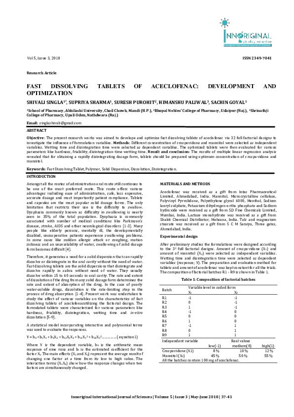(PDF) Fast Dissolving Tablets of Aceclofenac: Development and Optimization