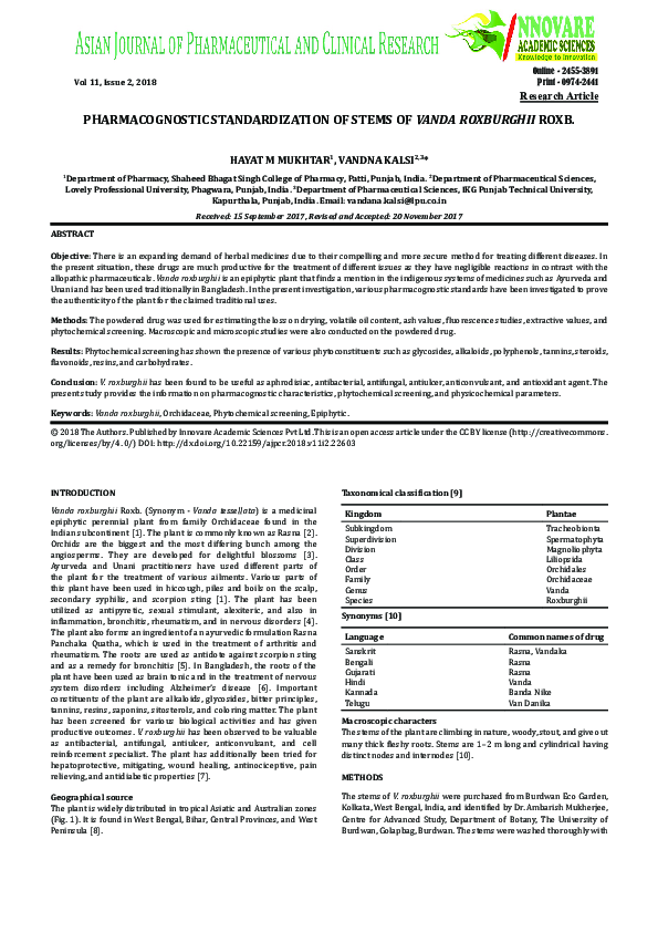 (PDF) Pharmacognostic Standardization of Stems of Vanda Roxburghii Roxb (PDF) Pharmacognostic Standardization of Stems of Vanda Roxburghii Roxb