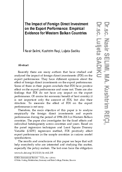 (PDF) The Impact of Foreign Direct Investment on the Export Performance ... (PDF) The Impact of Foreign Direct Investment on the Export Performance ...