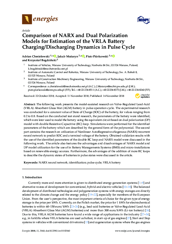 (PDF) Comparison of NARX and Dual Polarization Models for Estimation of the VRLA Battery ...